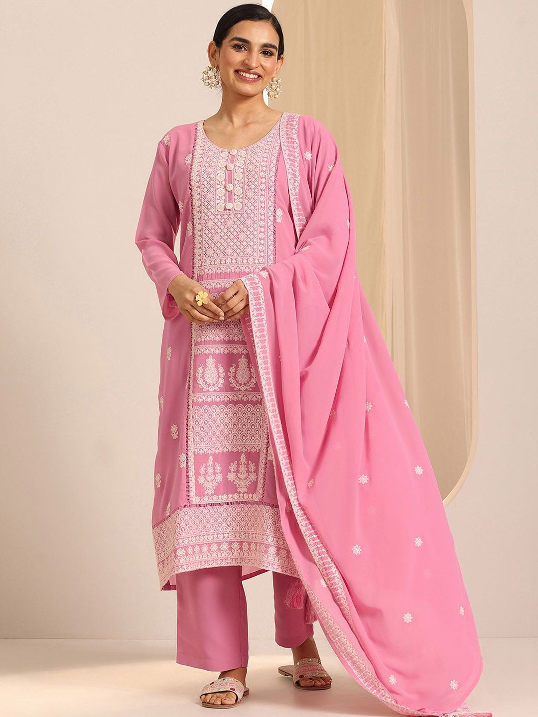 Buy Libas Ethnic Motifs Embroidered Panelled Straight Georgette Kurta With Trousers & Dupatta ...