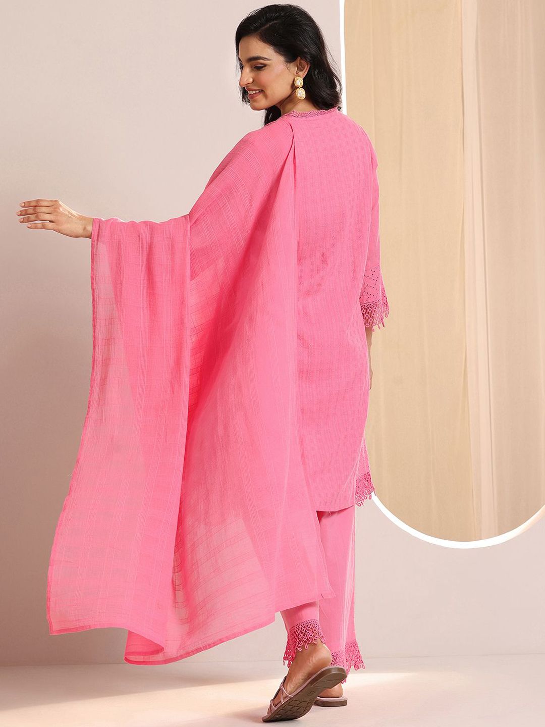 Buy Libas Floral Woven Design Thread Work Panelled A Line Kurta With Palazzos And Dupatta ...