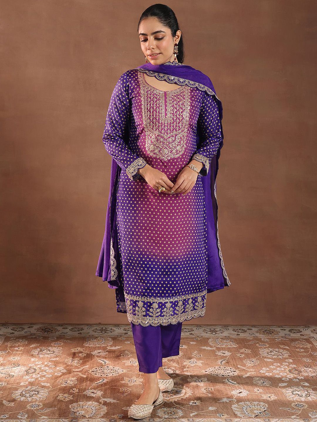 Buy Libas Women Bandhani Printed Regular Kurta With Trousers & With Dupatta - Kurta Sets for ...