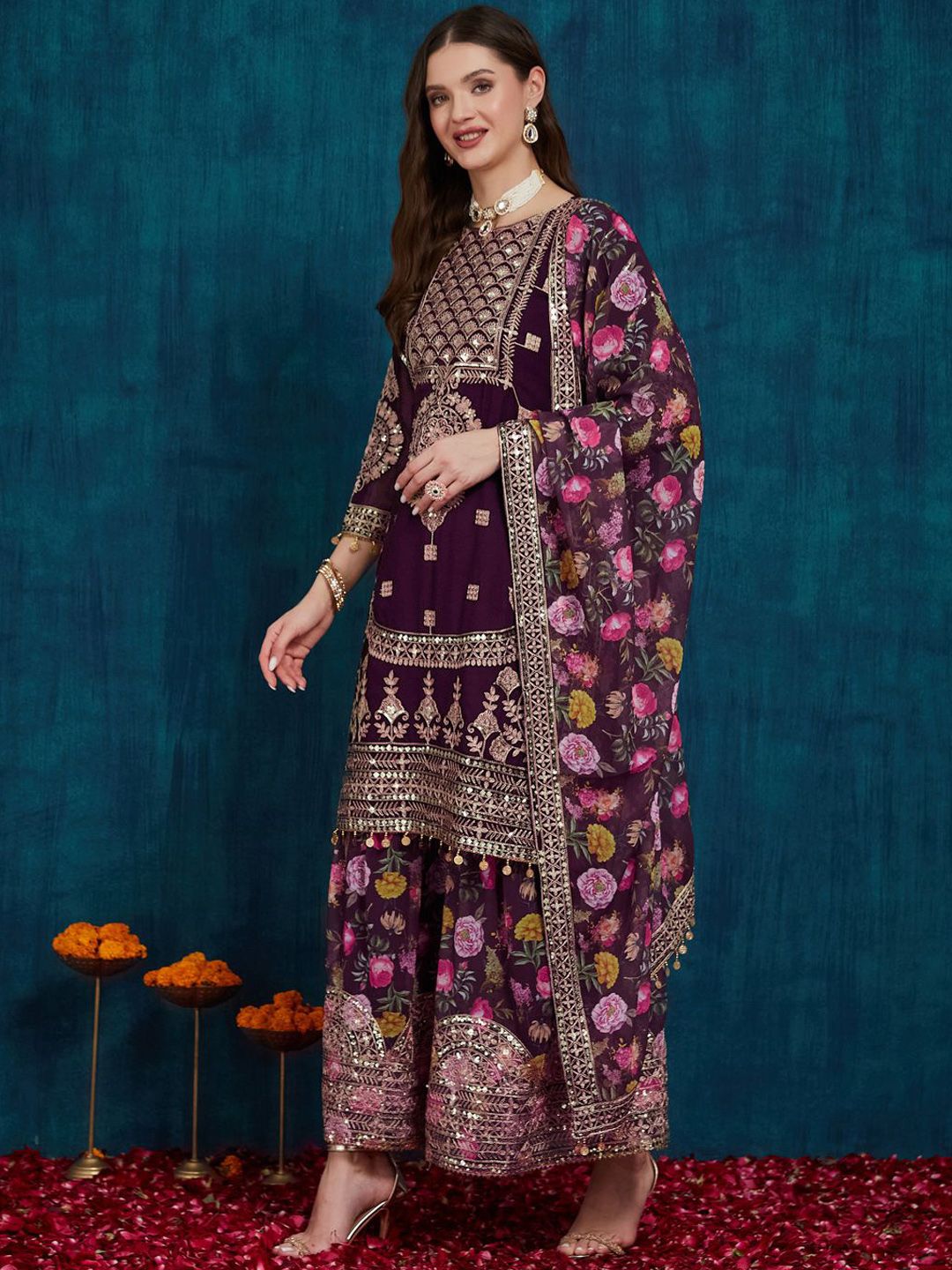 Buy KAVINDI Women Floral Embroidered Regular Sequinned Kurti With ...