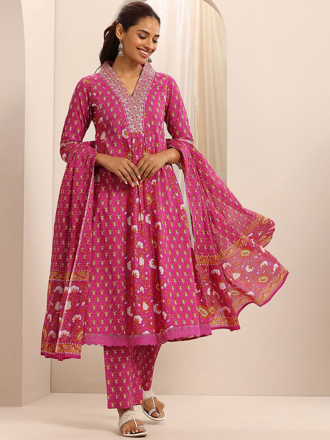 Buy Libas Women Floral Printed Kurta With Trousers & With Dupatta ...