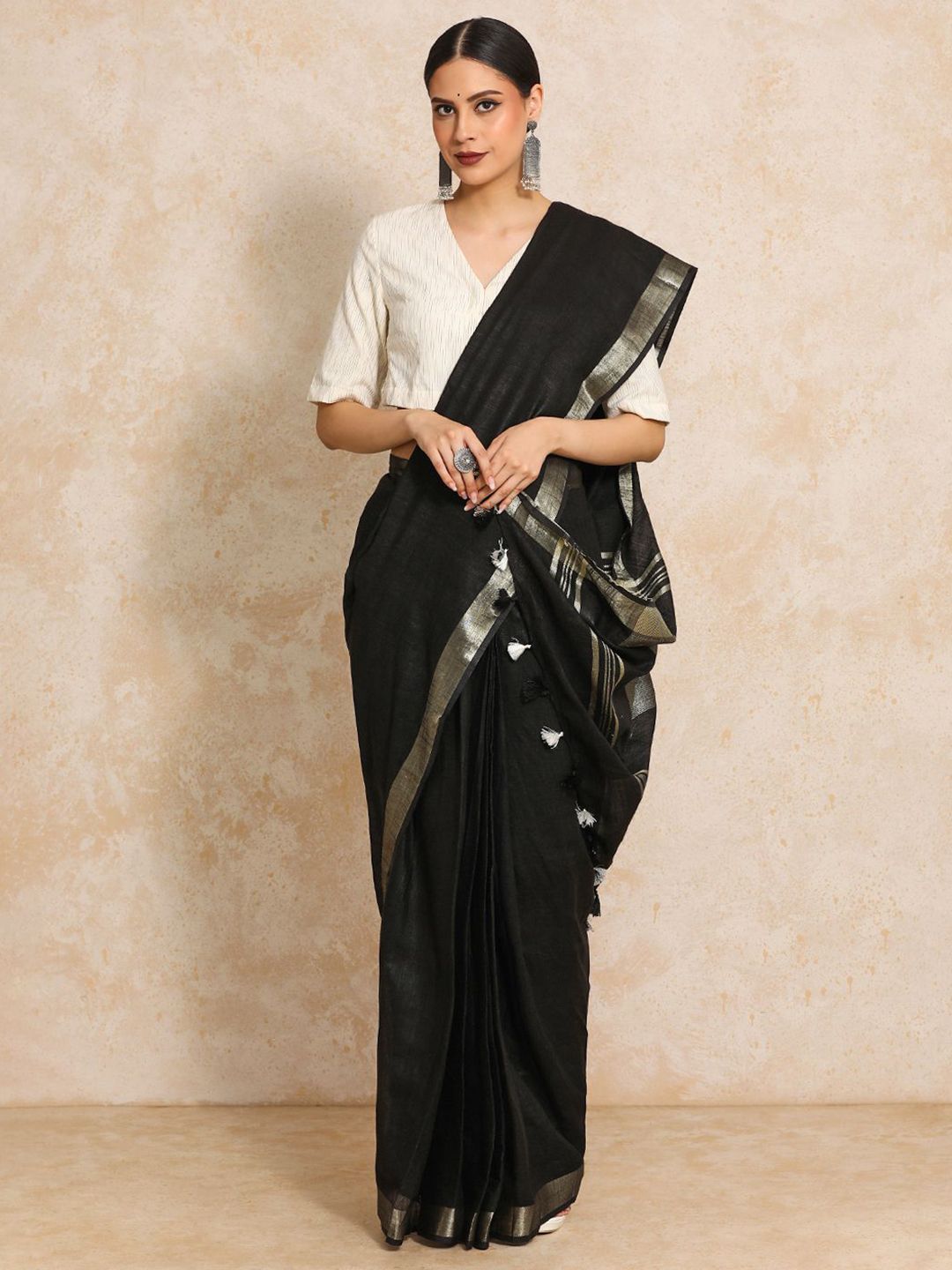 Buy Moara Ready To Wear Cotton Linen Solid Saree With Unstiched Blouse ...