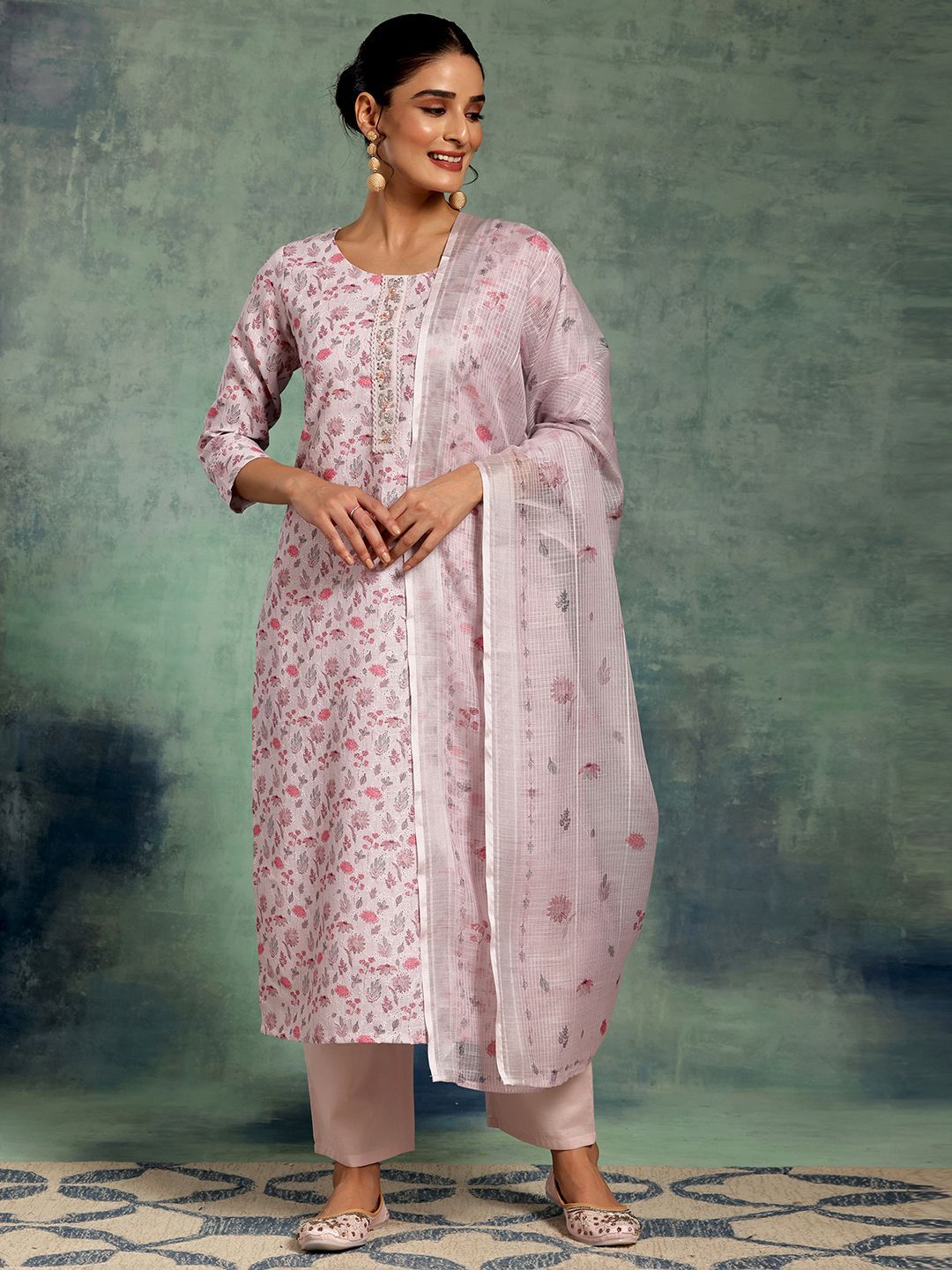 Buy Libas Floral Printed Straight Kurta With Trouser & Dupatta - Kurta ...