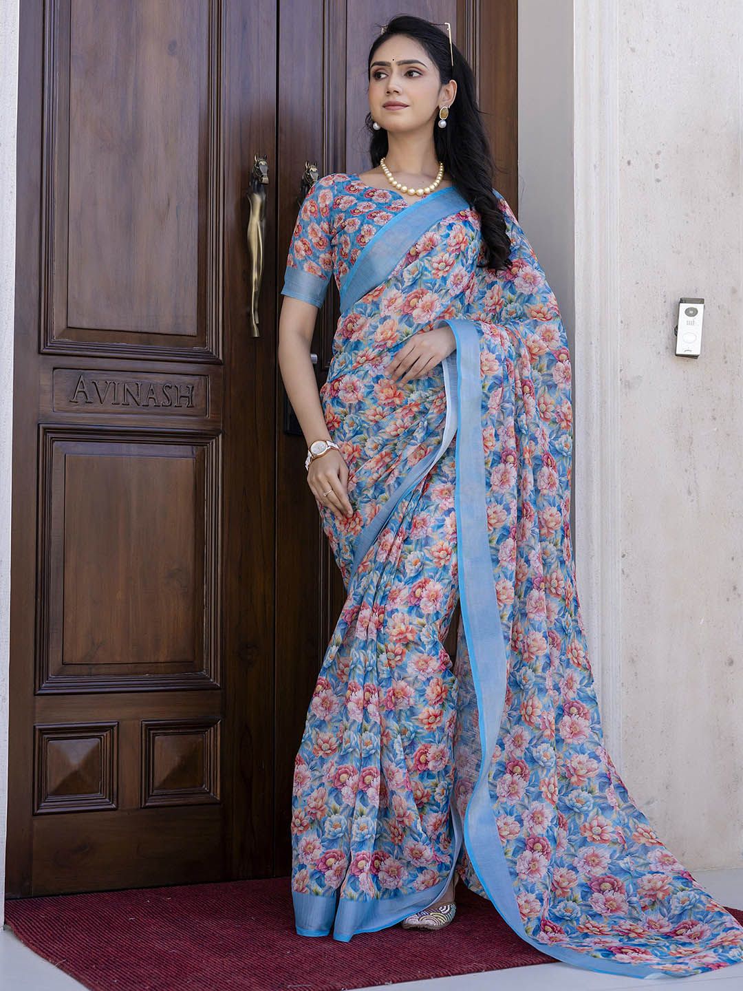 Buy Satrani Floral Printed Ready To Wear Saree With Unstitched Blouse ...