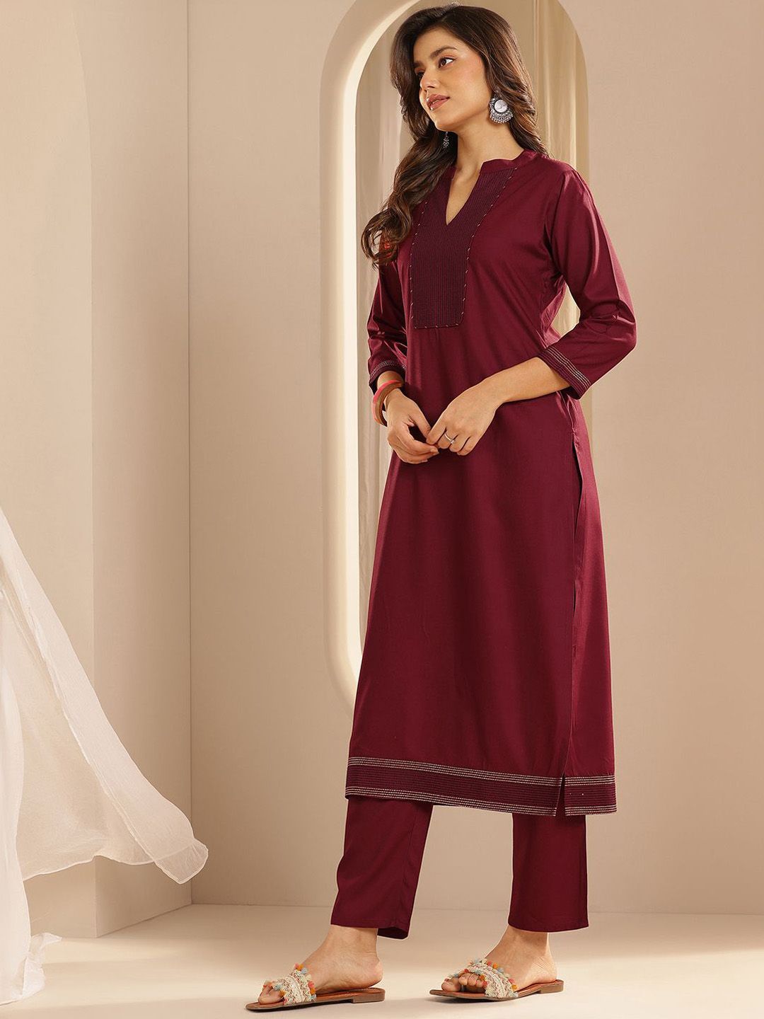 Buy Libas Yoke Design Mandarin Collar Straight Kurta With Trousers And Dupatta - Kurta Sets for ...