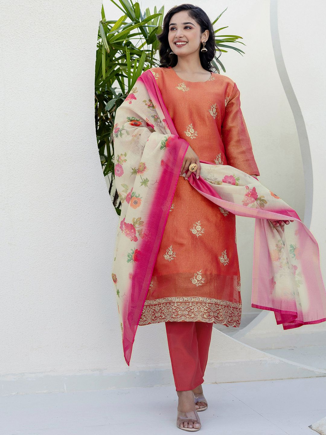 Buy SKYLEE Floral Embroidered Sequinned Tissue Straight Kurta With ...