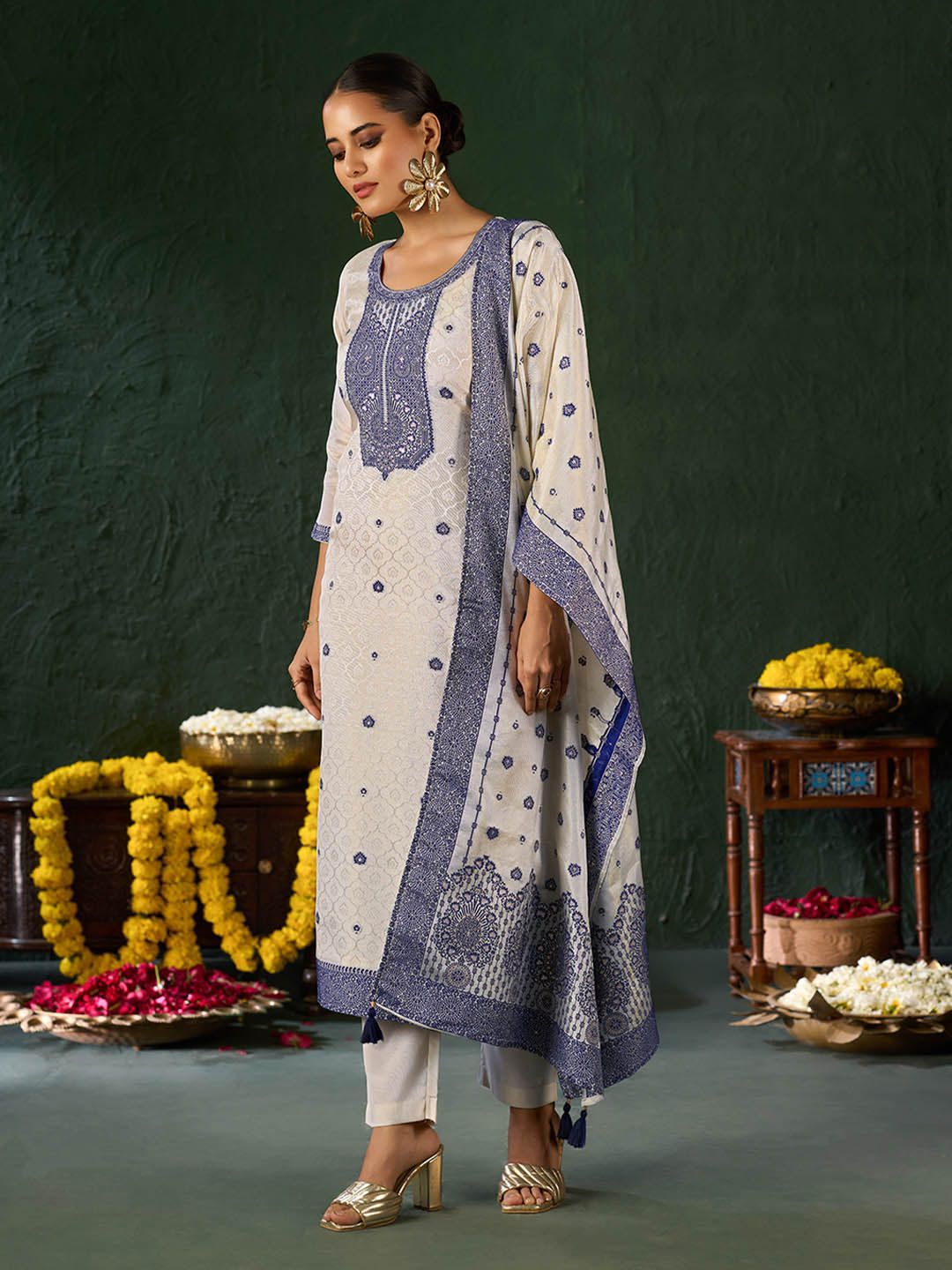 Buy Saanjh Women Ethnic Motifs Embroidered Thread Work Kurta With Trousers & With Dupatta ...