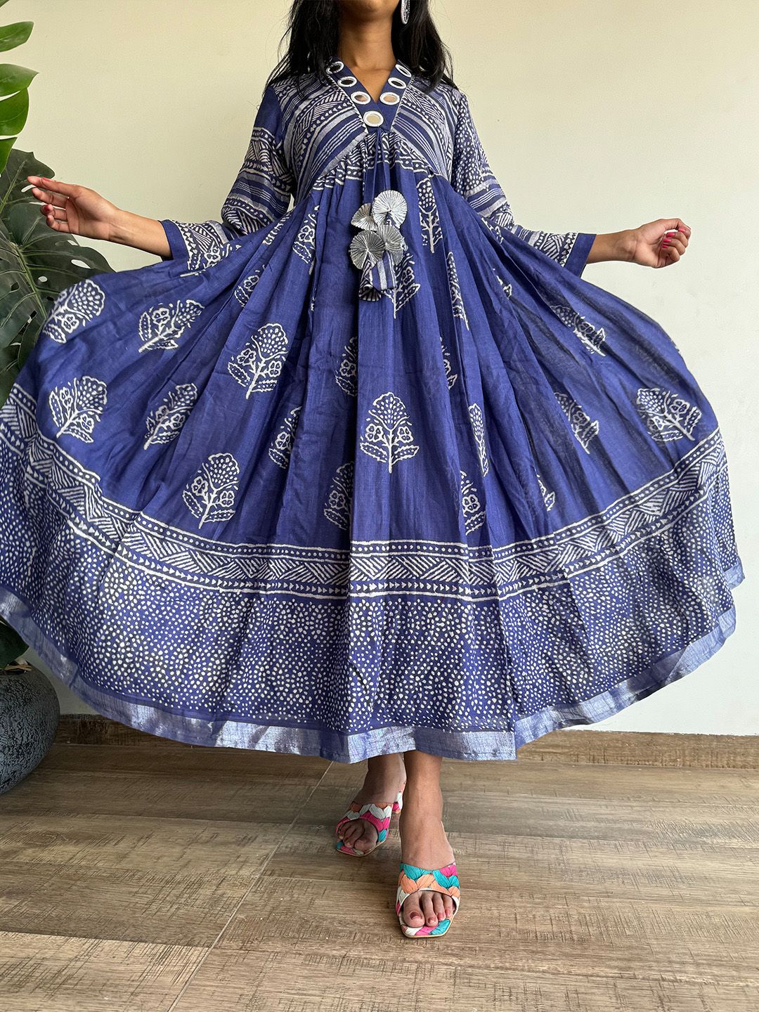 Buy FFI Women Ethnic Motifs Print A Line Pure Linen Midi Dress With ...