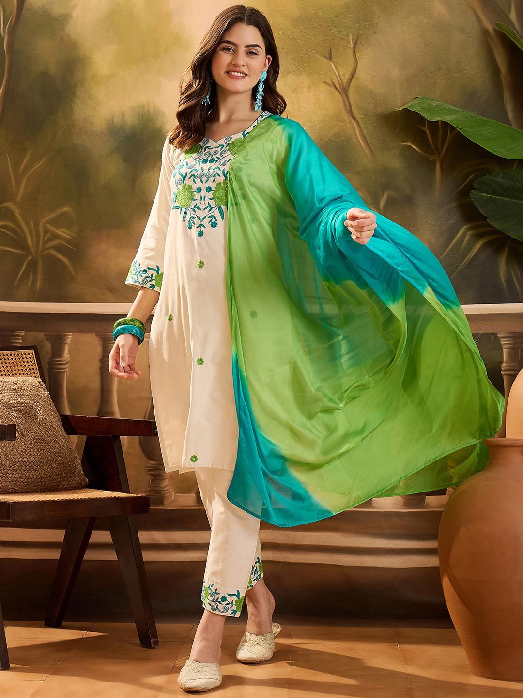 Buy Sangria Floral Floral Embroidered Straight Kurta With Trousers And Dupatta - Kurta Sets for ...