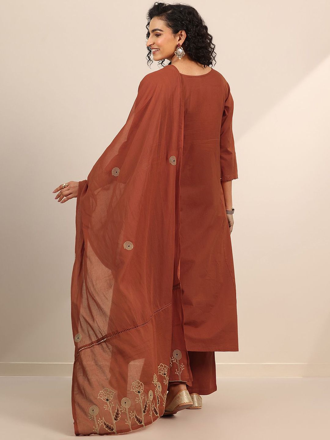 Buy Libas Womens Rust Embroidered Anarkali Kurta With Palazzos ...