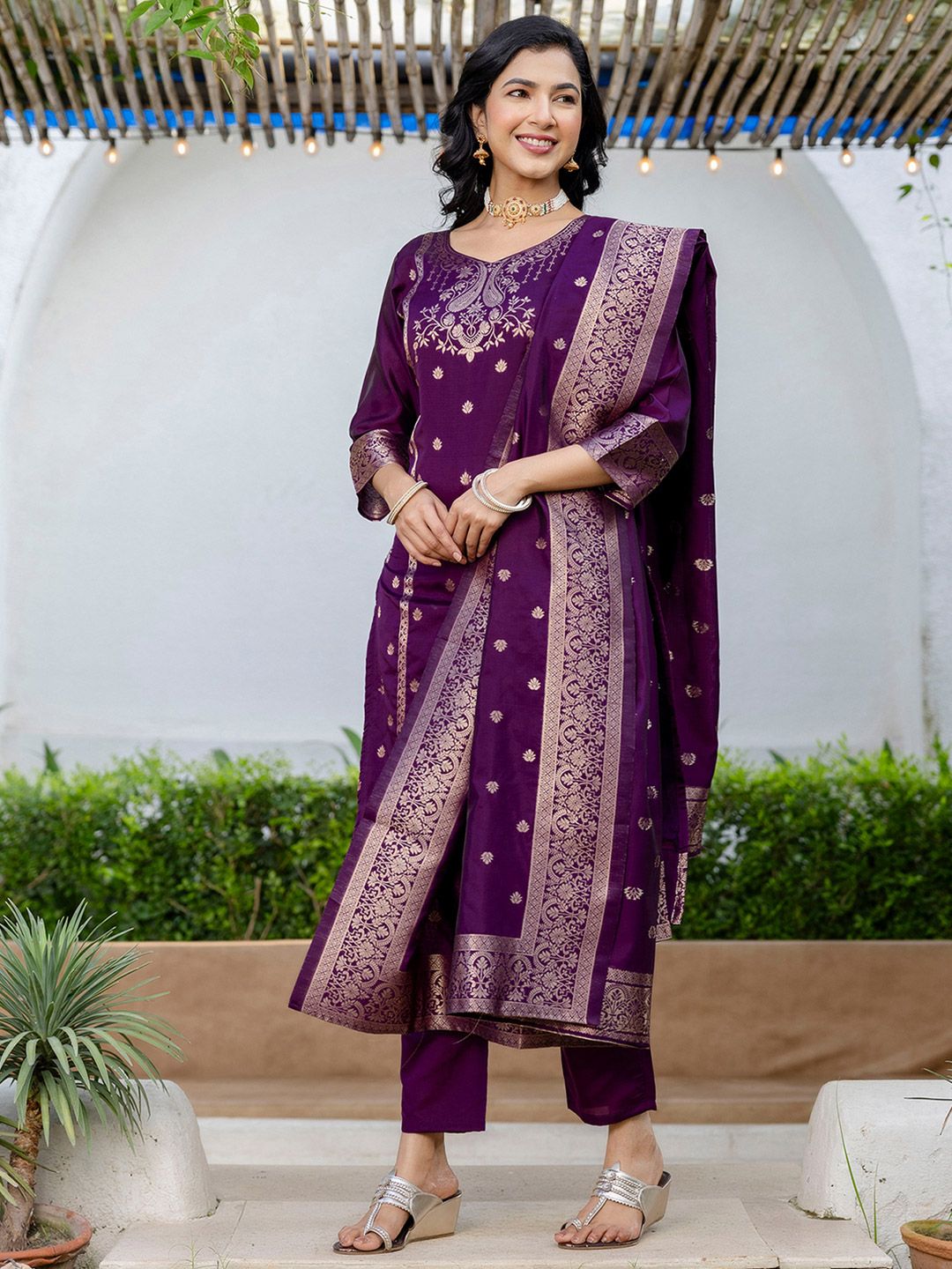 Buy SKYLEE Women Woven Design Kurta With Trousers & Dupatta - Kurta ...