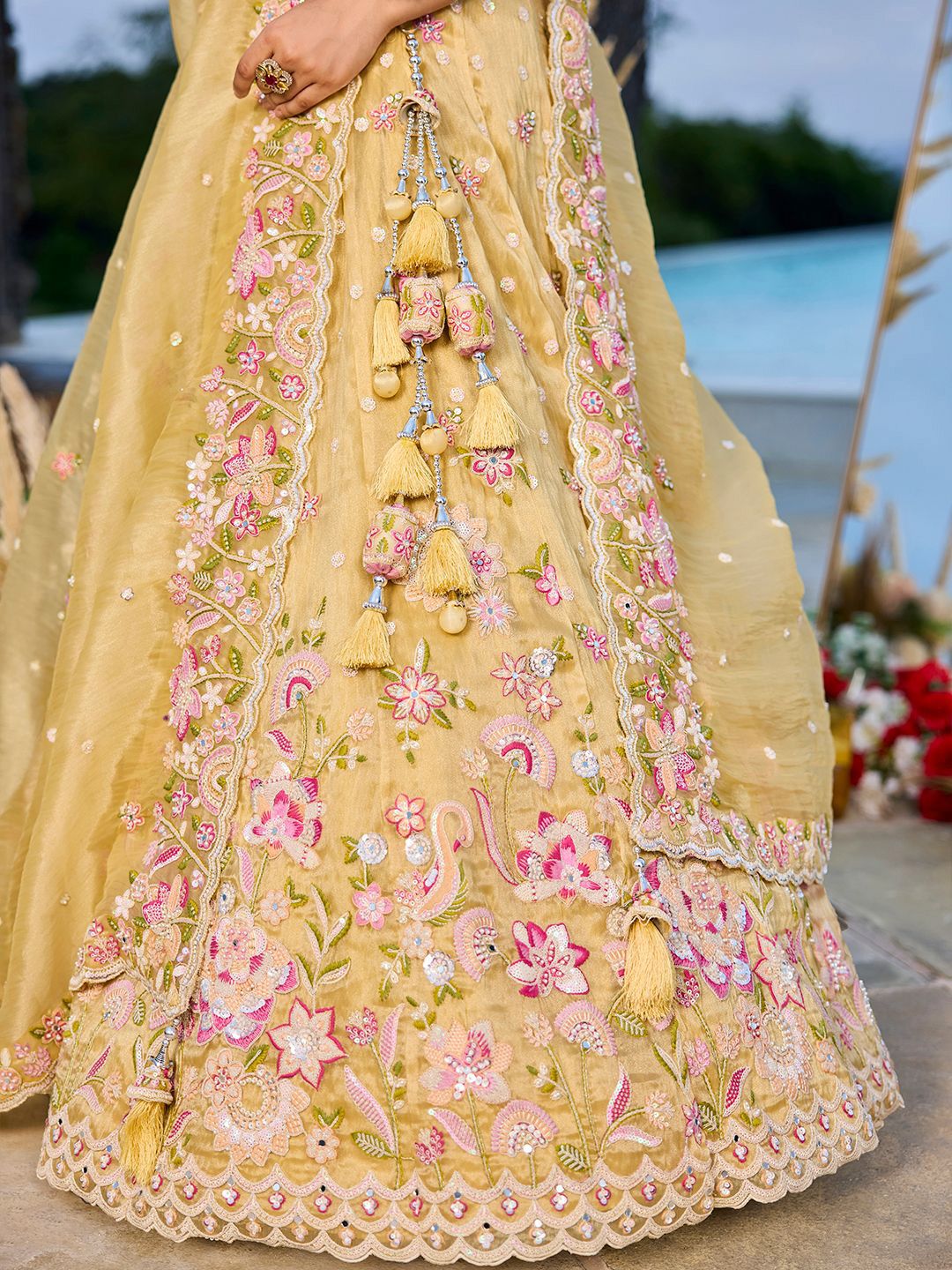 Price History - panchhi Yellow Embroidered Tissue Sequinned Ready To ...
