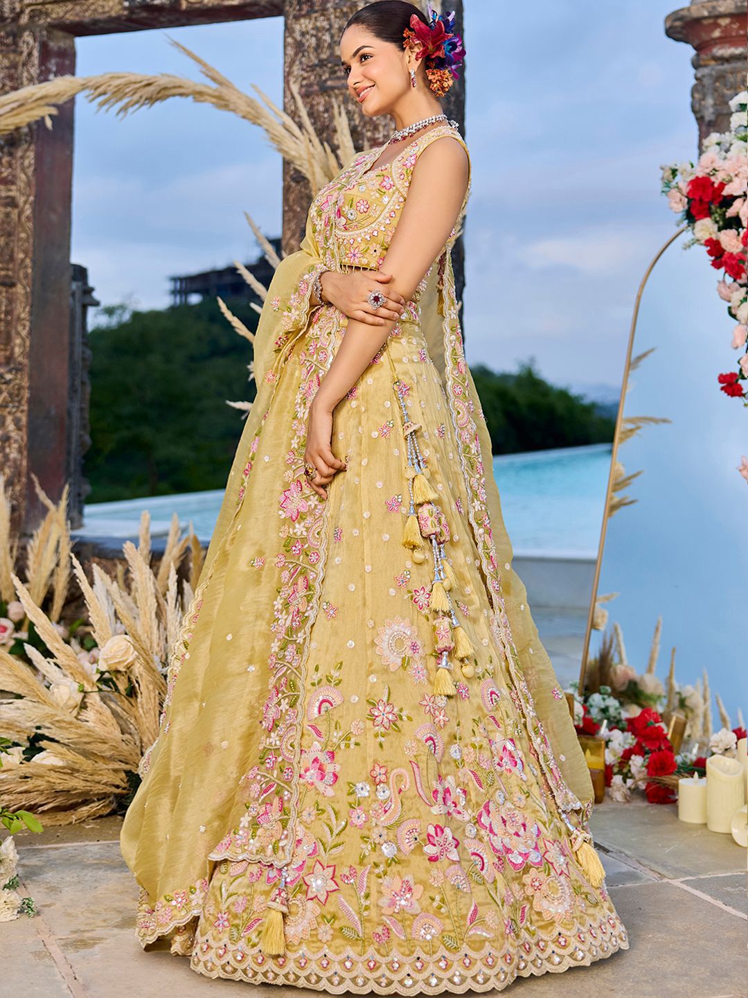 Price History - panchhi Yellow Embroidered Tissue Sequinned Ready To ...