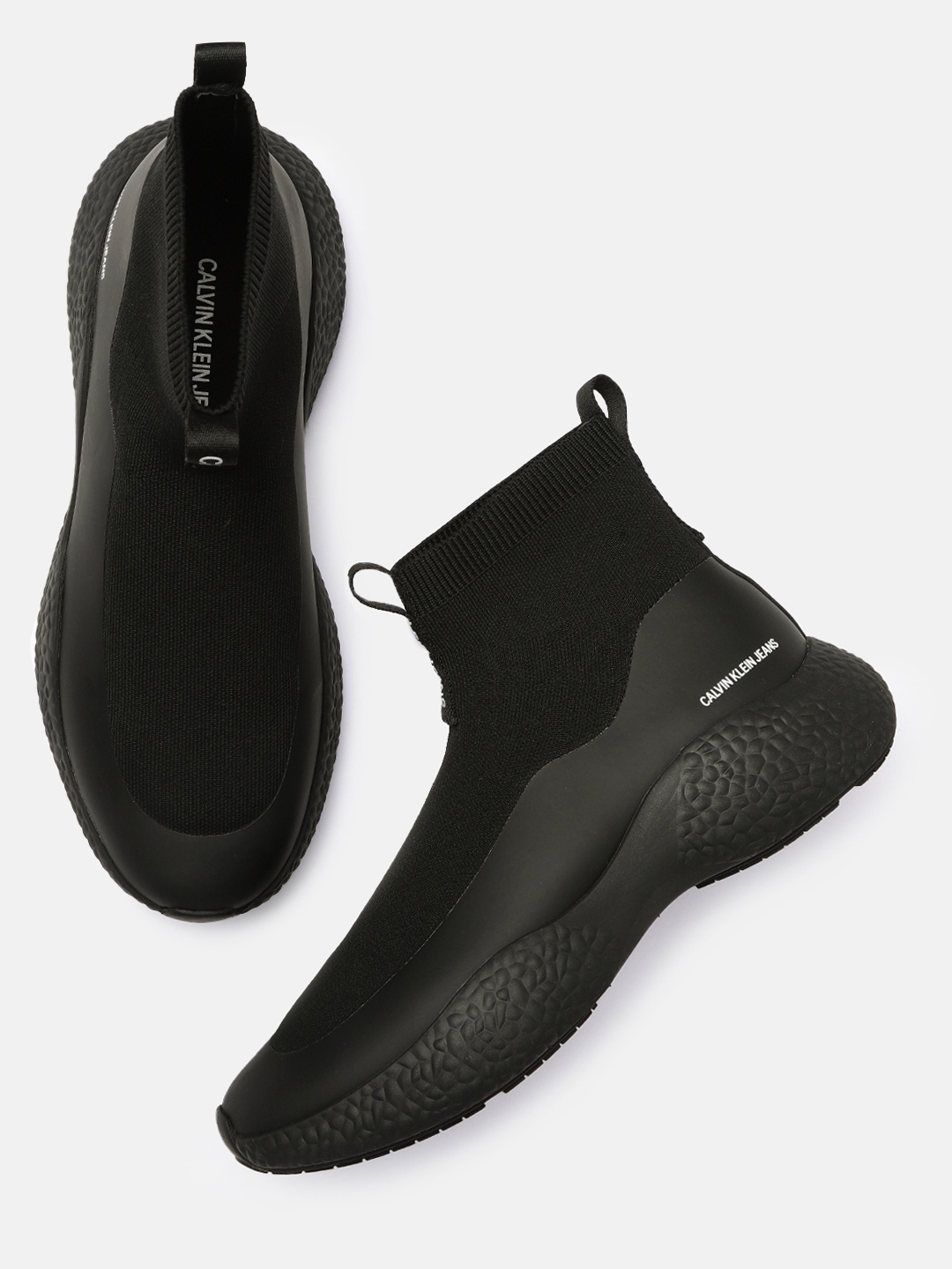 Calvin Klein Men Black Solid Mid Top Runner Sock Knit Sneakers