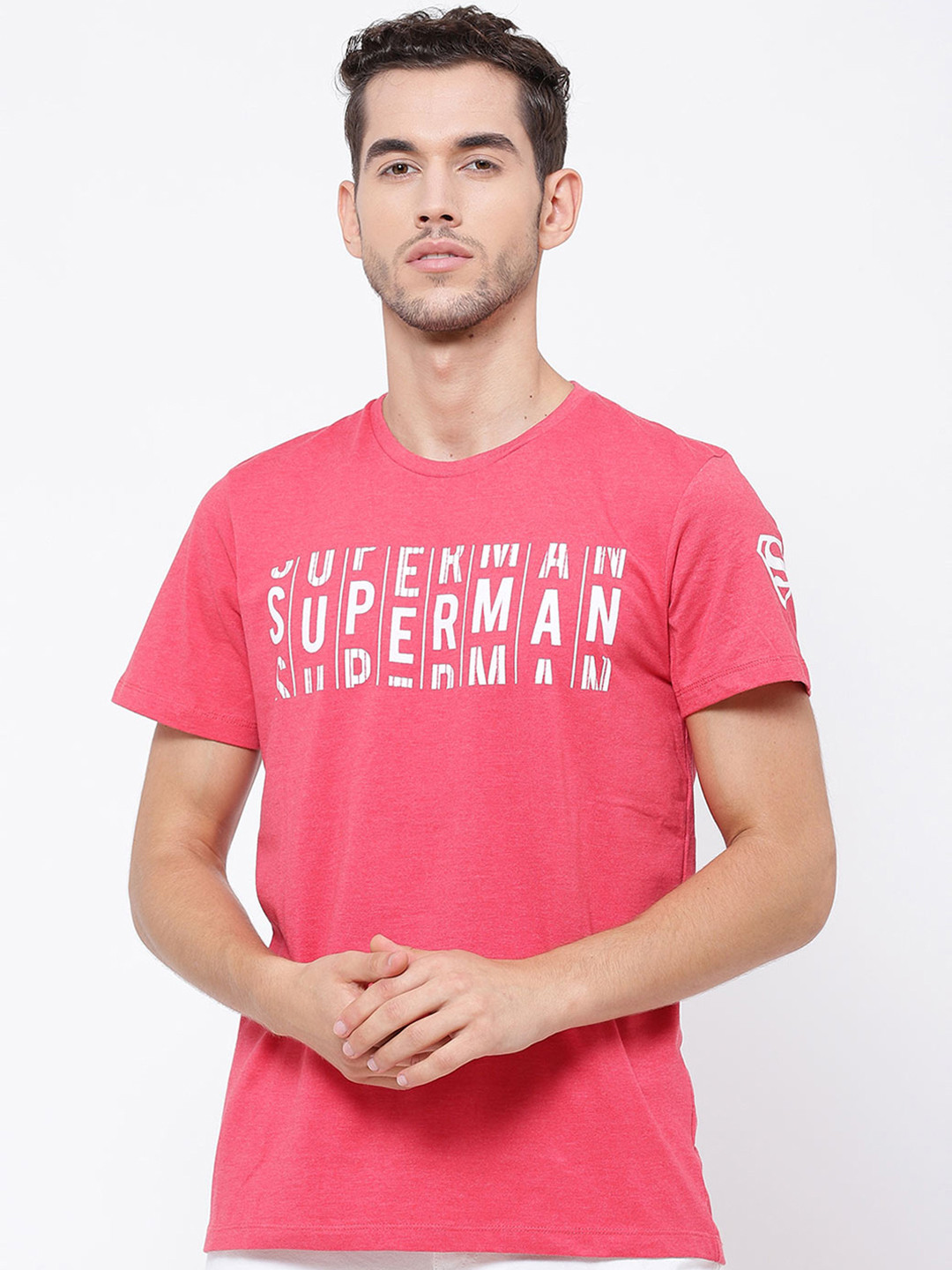 Pink Superman Shirt FREE AUTHORITY Men Superman Printed Crew Neck