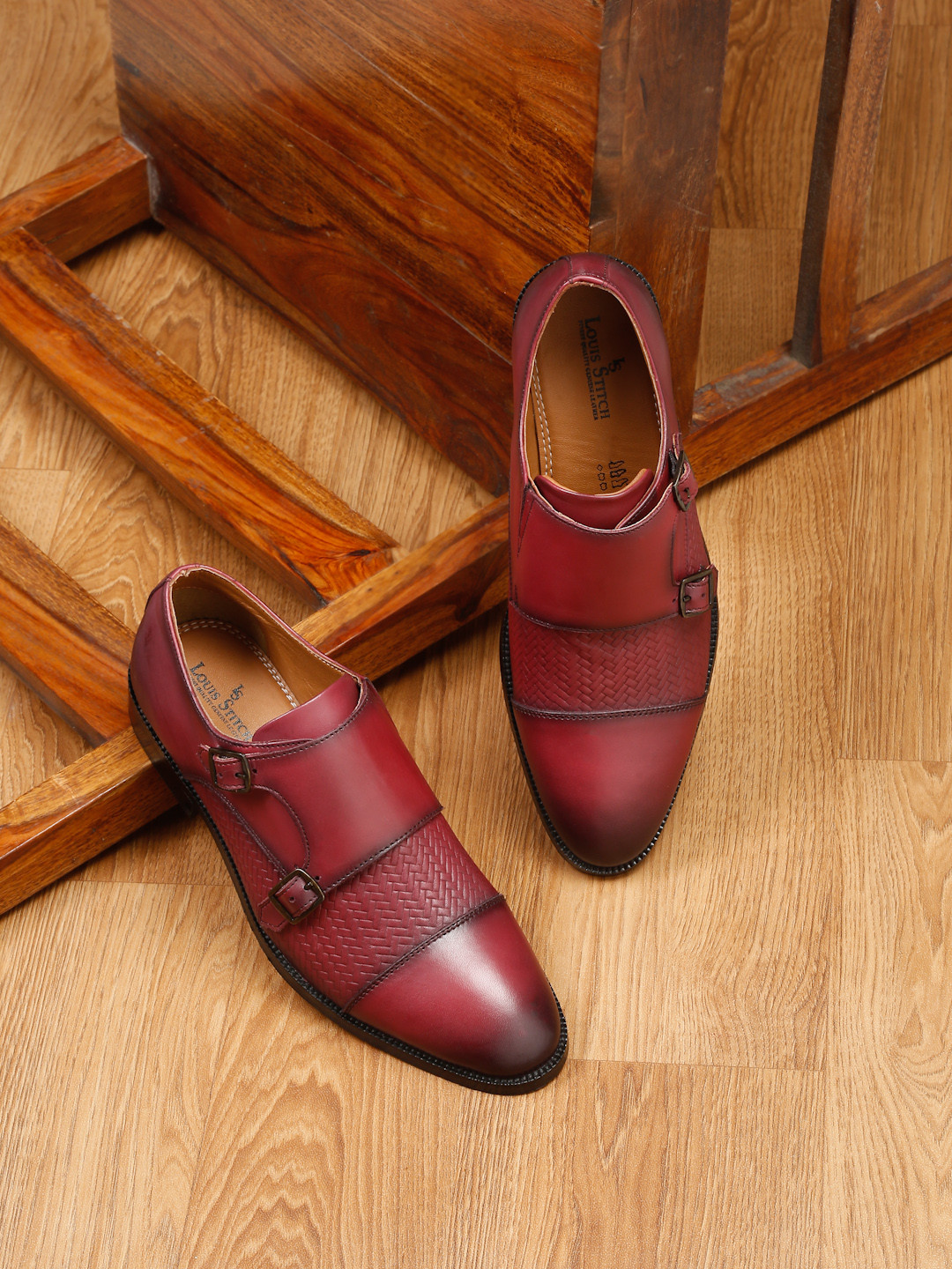 LOUIS STITCH Men Maroon Textured Leather Formal Monk Shoes - buy at the ...
