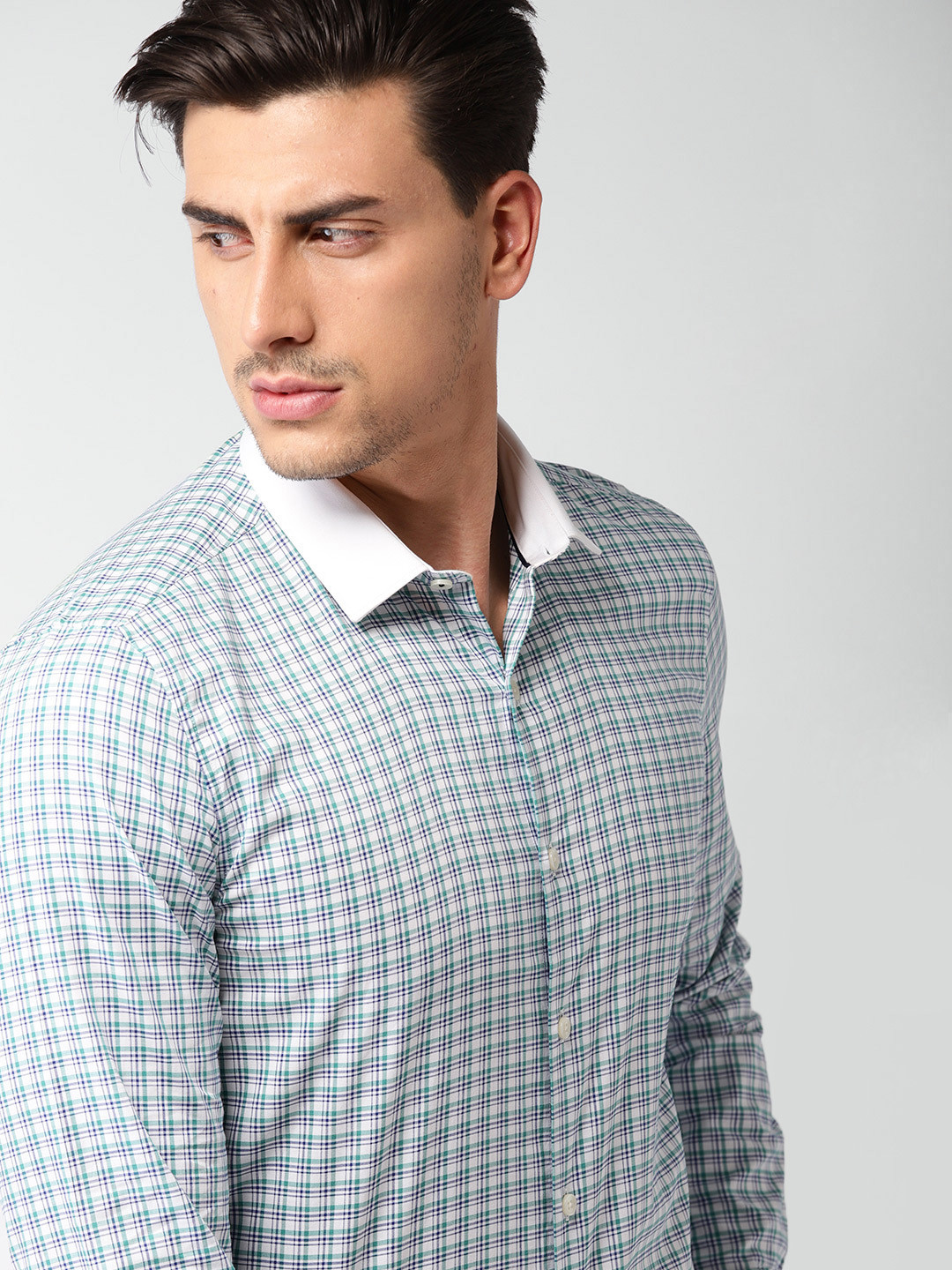 INVICTUS Men Green & White Slim Fit Checked Formal Shirt INVICTUS ...