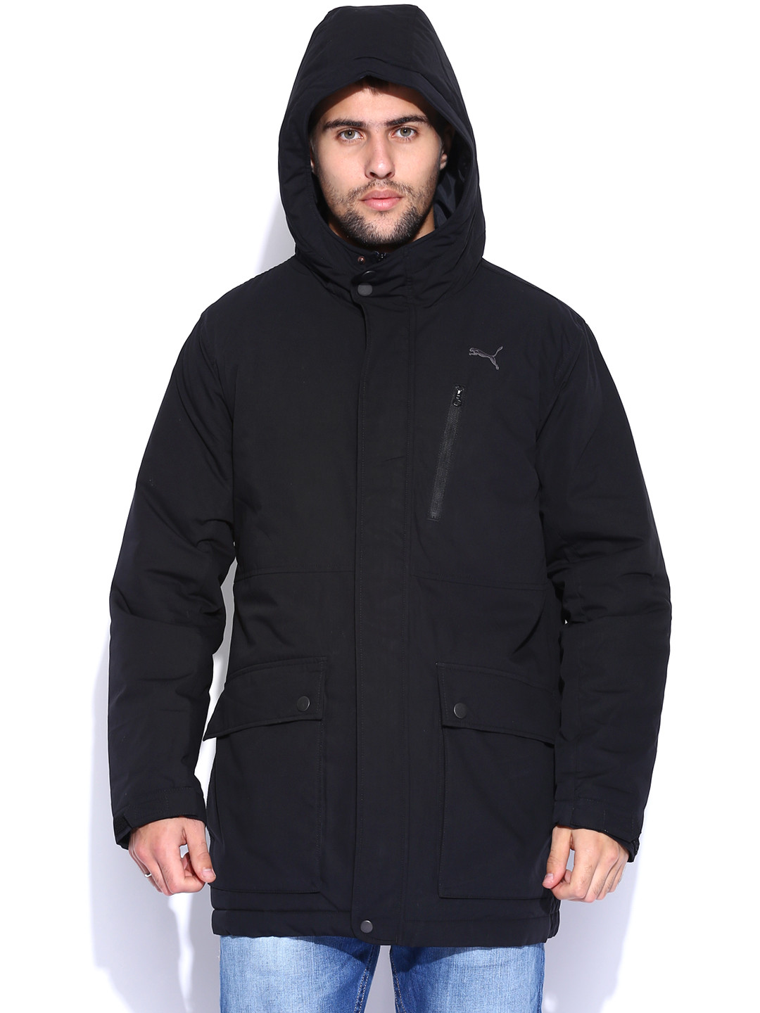 Buy PUMA Black Active LITE Mid Down Hooded Jacket - Jackets for Men ...