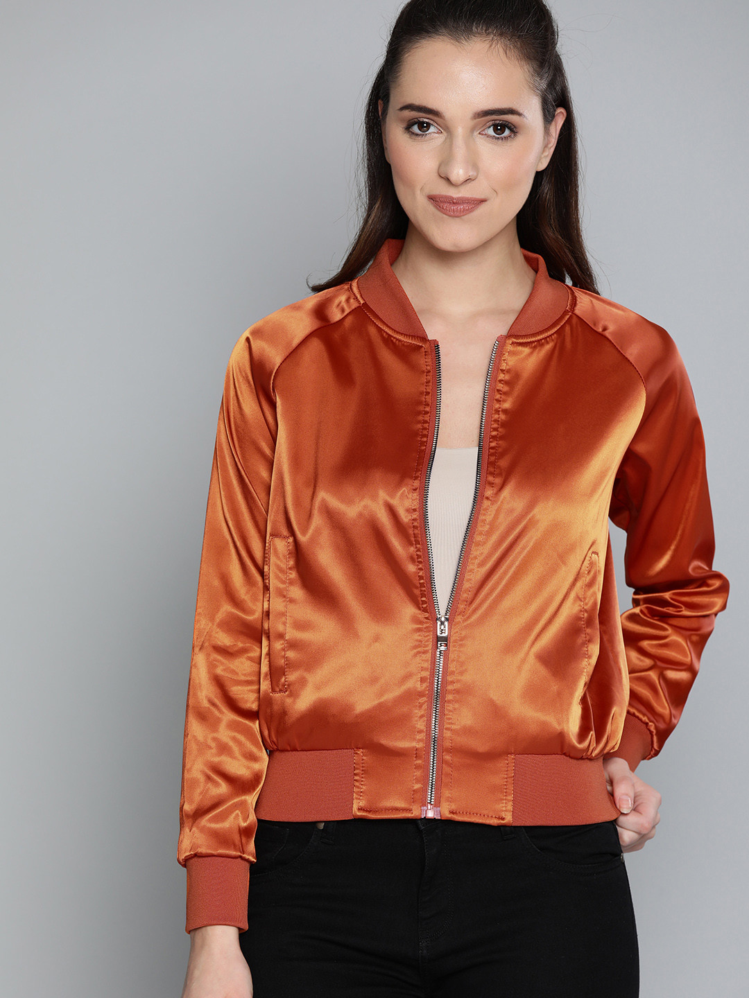 Buy HERE&NOW Women Rust Orange Solid Bomber Jacket - Jackets for Women ...