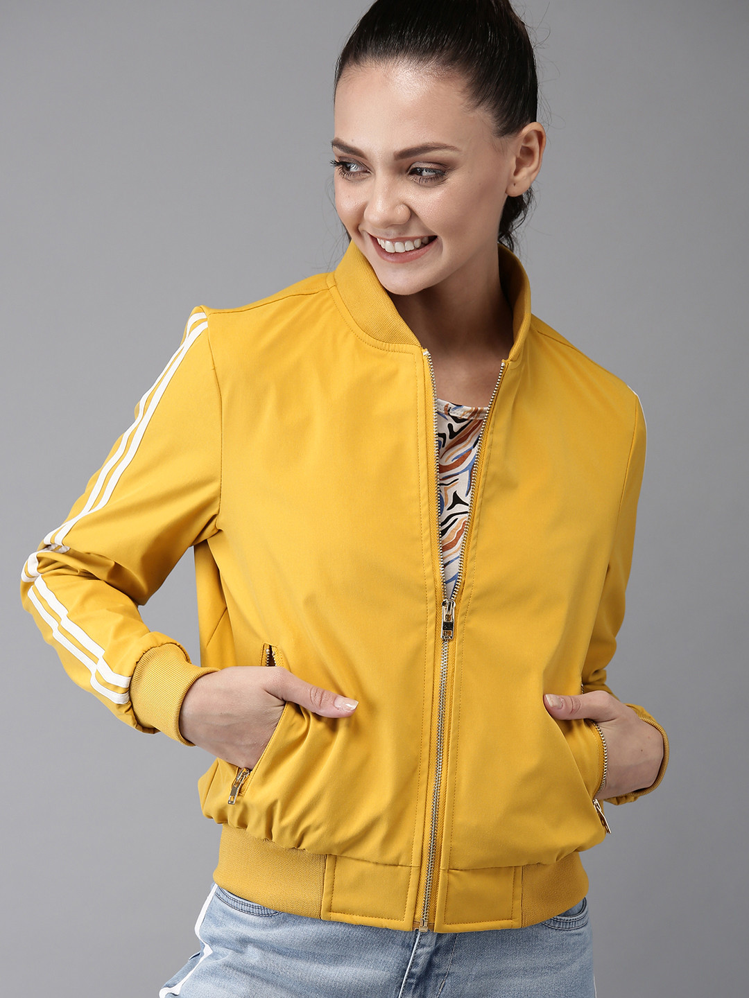 Buy HERE&NOW Women Mustard Solid Bomber Jacket - Jackets for Women ...