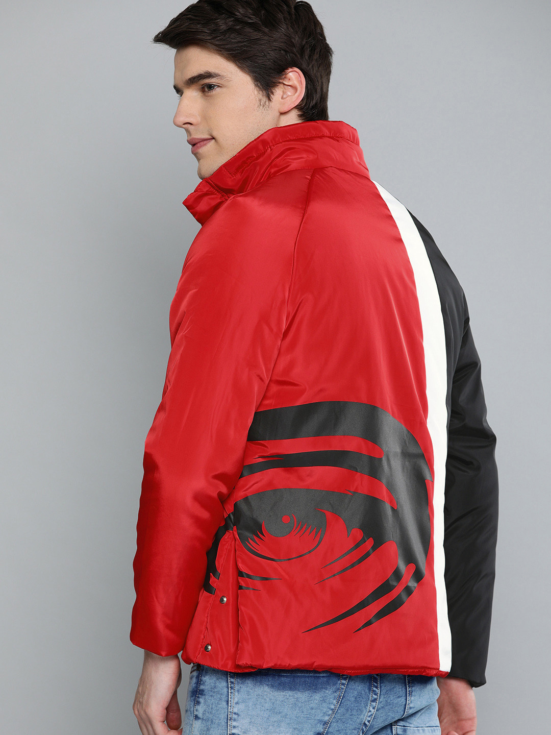 Buy HERE&NOW Men Red & Black Colourblocked Padded Jacket With Printed ...