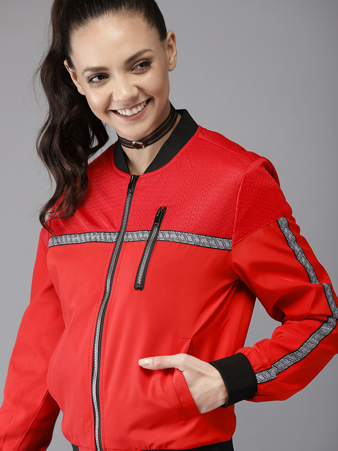 Buy HERE&NOW Women Red Solid Bomber Jacket - Jackets for Women 10032743 ...