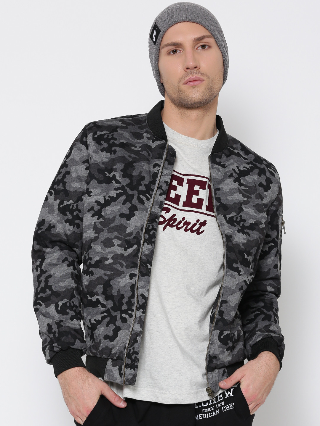 Buy Flying Machine Grey & Black Camouflage Print Jacket - Jackets for ...