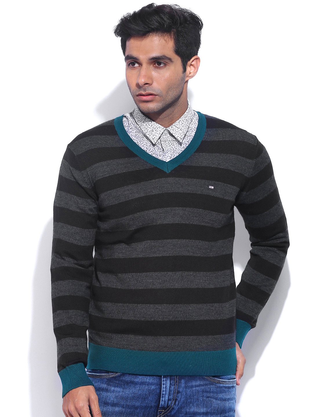 Buy Arrow Sport Grey Melange Striped Woollen Sweater - Sweaters for Men ...