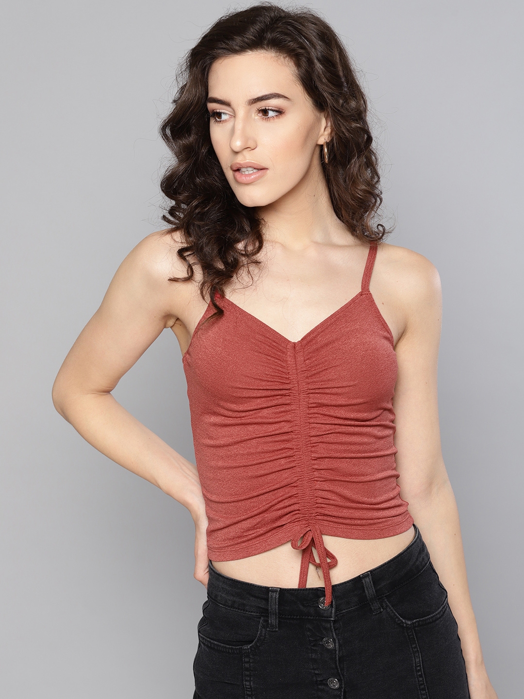 Buy Veni Vidi Vici Women Rust Orange Solid Fitted Crop Top Tops For