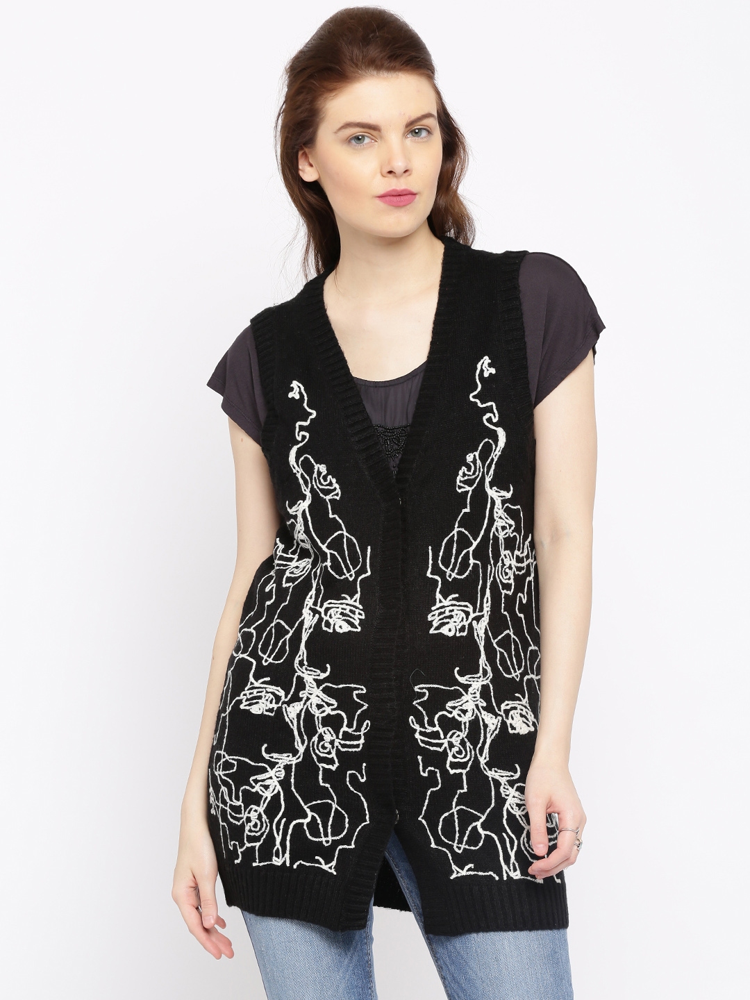 Buy Vero Moda Black Sleeveless Embroidered Cardigan - Sweaters for ...