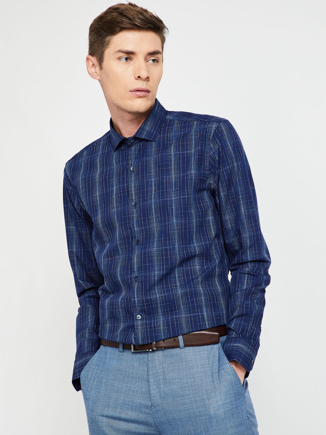 Buy CODE By Lifestyle Men Navy Blue Slim Fit Checked Formal Shirt ...
