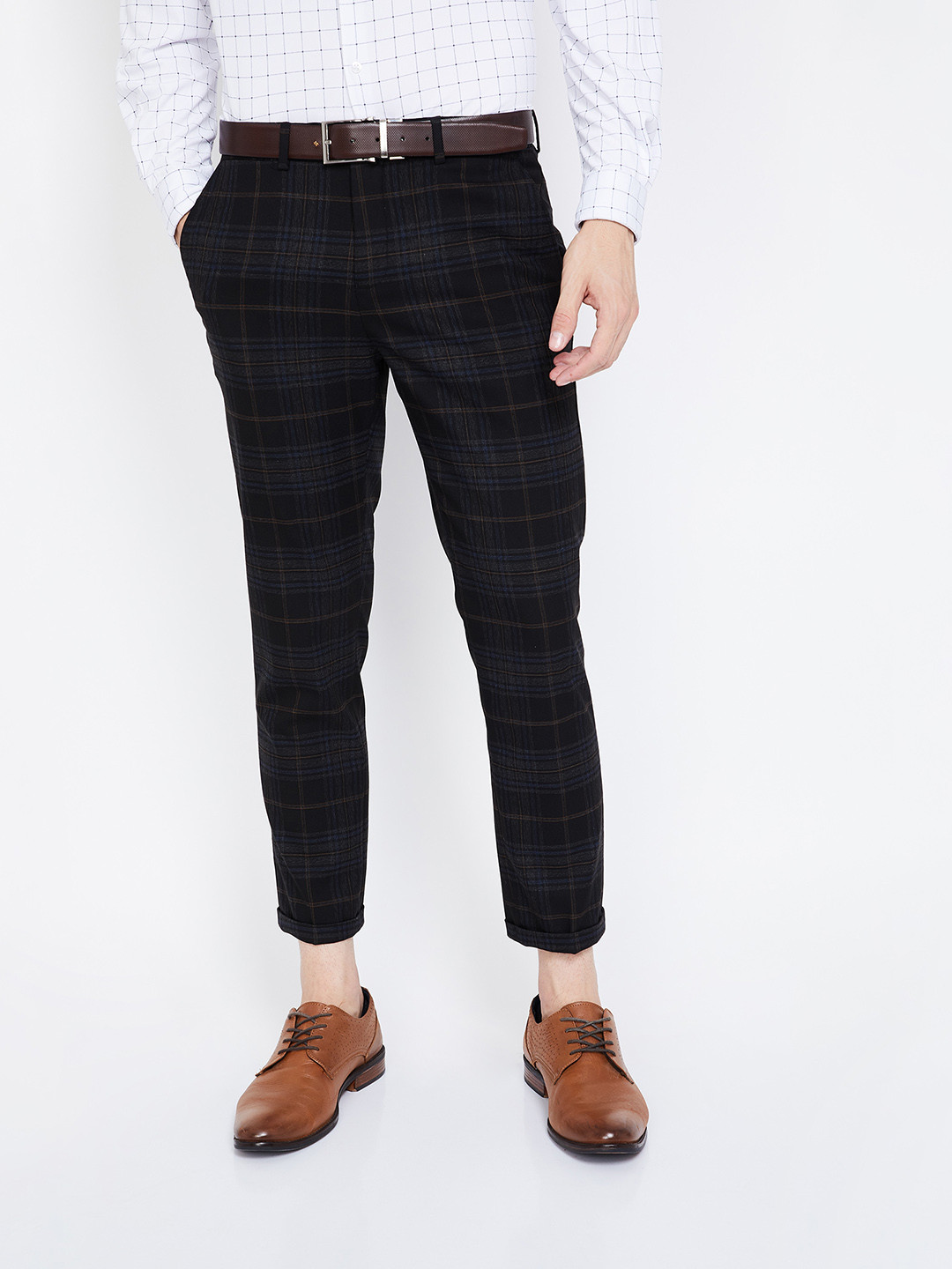 Buy CODE By Lifestyle Men Black Slim Fit Striped Regular Trousers ...