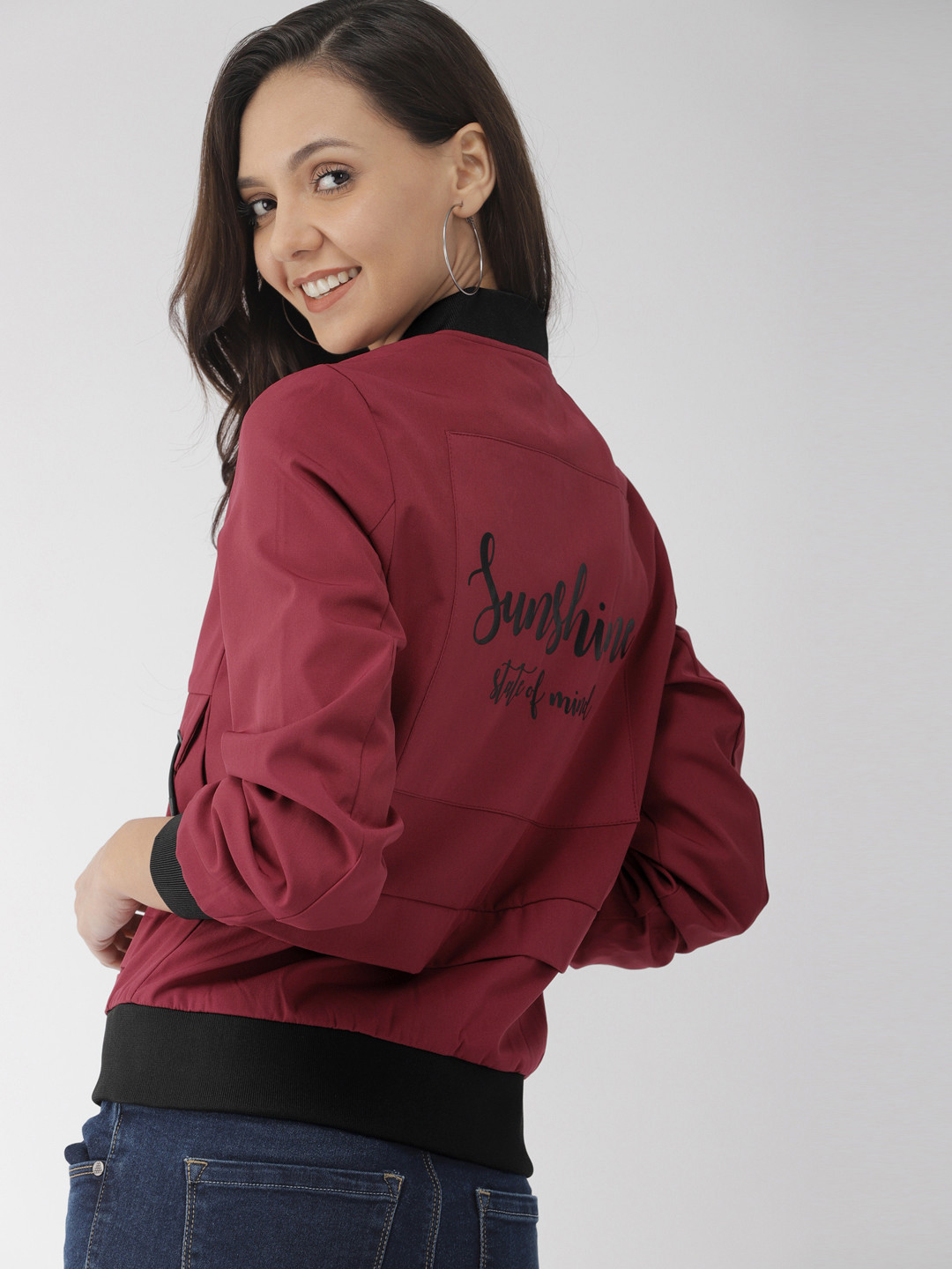 Buy Mast & Harbour Women Maroon Solid Lightweight Bomber Jacket ...