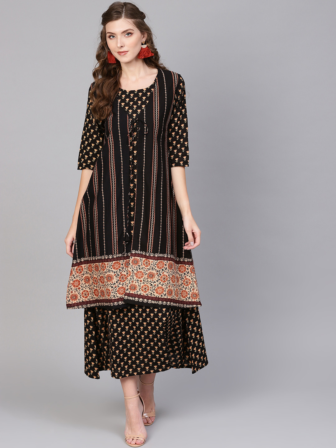Buy Libas Women Black & Beige Printed Midi A Line Dress With Ethnic ...