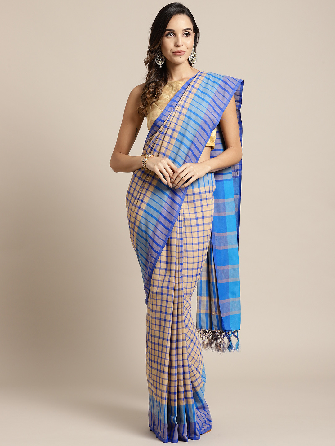 Buy 7Rainbow Beige & Blue Checked Saree - Sarees for Women 10140435 ...