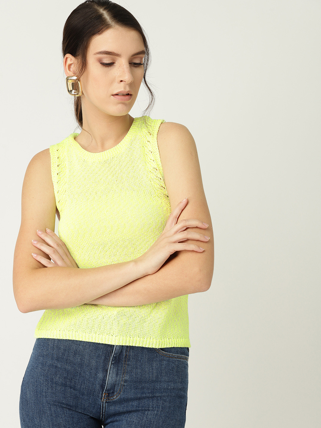 Buy MANGO Women Fluorescent Green Self Design Top - Tops for Women ...