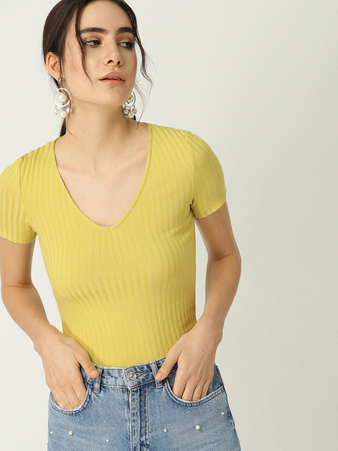 Buy MANGO Women Lime Green Self Striped Fitted Top - Tops for Women ...