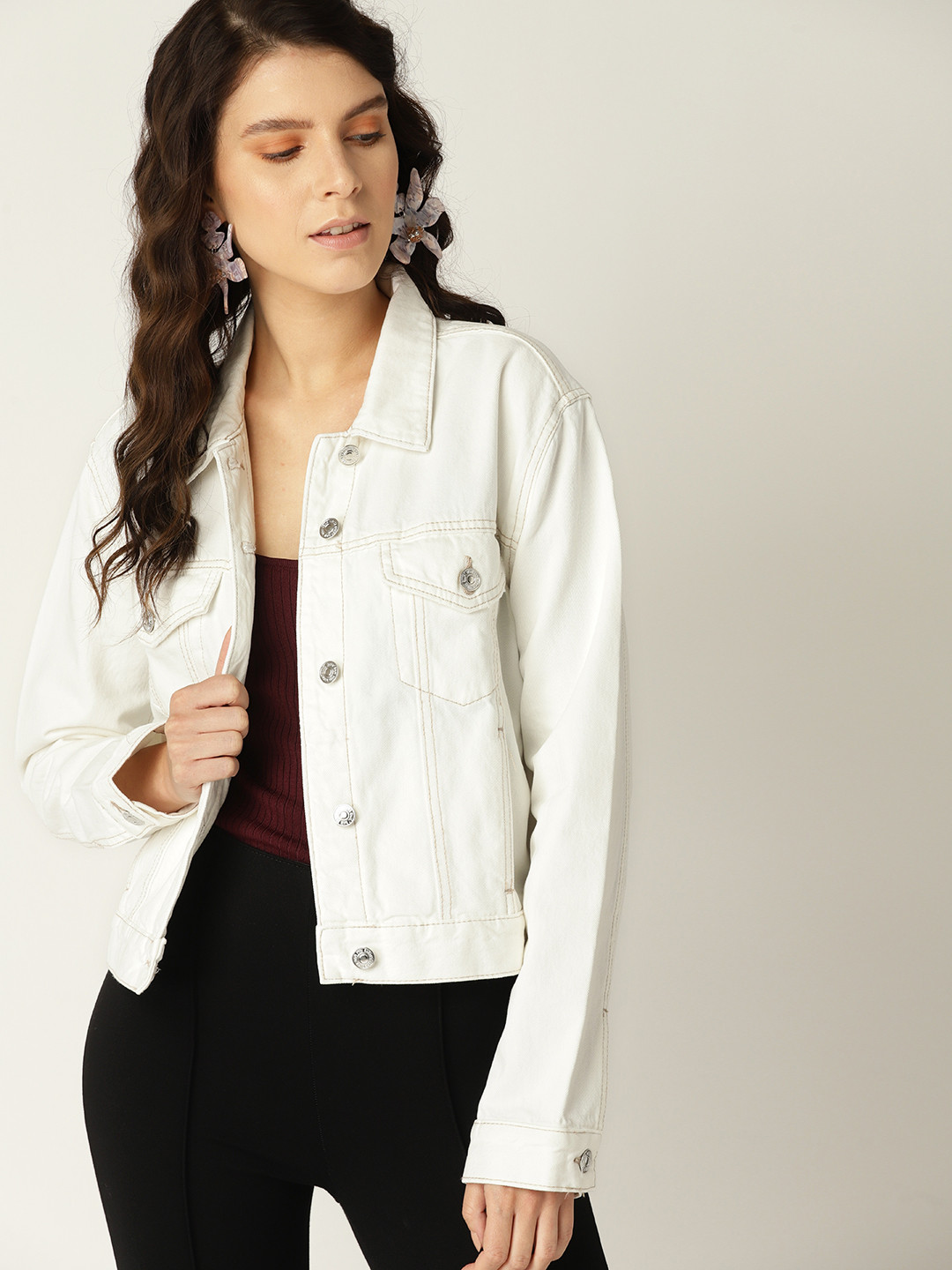 Buy MANGO Women White Solid Denim Jacket - Jackets for Women 10142509 ...