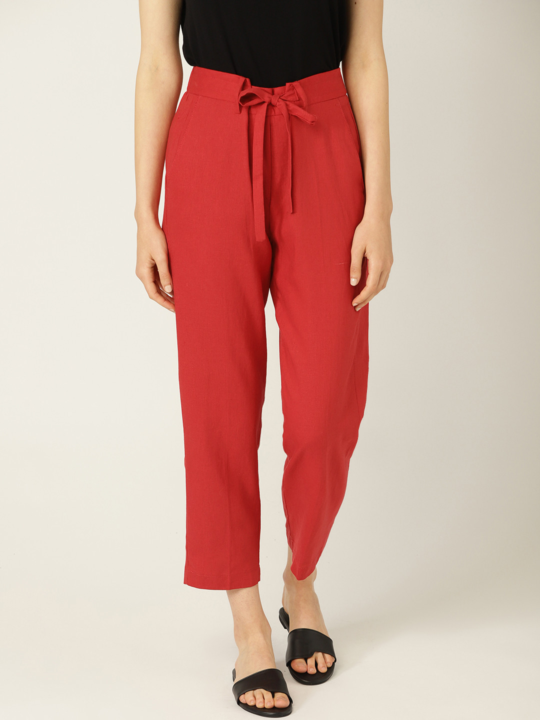 Buy MANGO Women Red Solid Regular Fit Cropped Trousers - Trousers for ...
