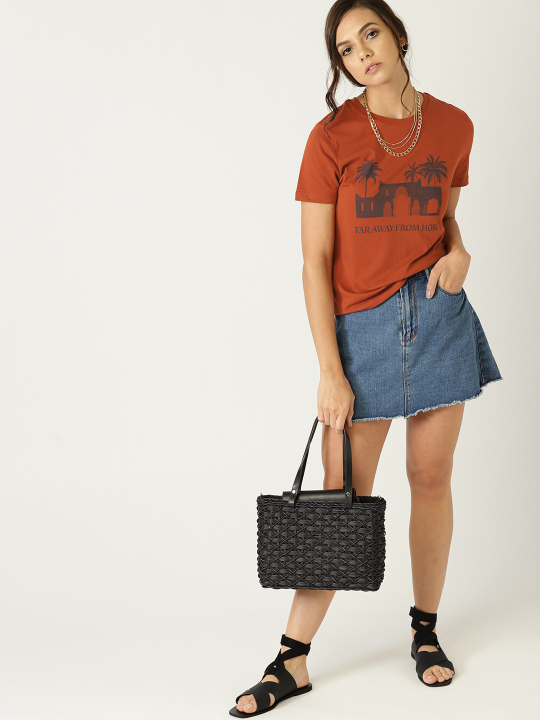 Buy MANGO Women Rust Red Printed Round Neck T Shirt - Tshirts for Women ...