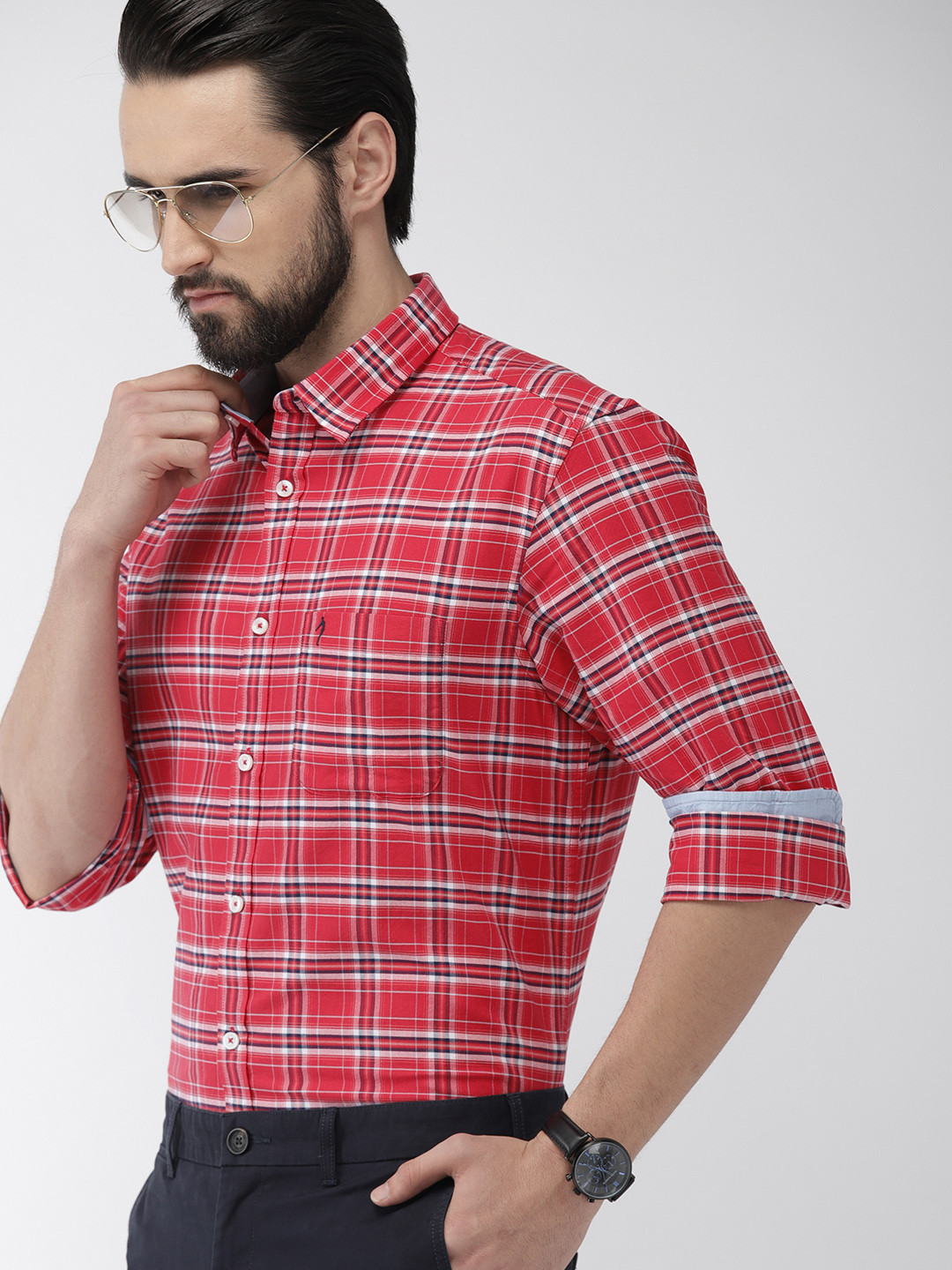 Buy Indian Terrain Men Red & White Slim Fit Checked Semiformal Shirt ...