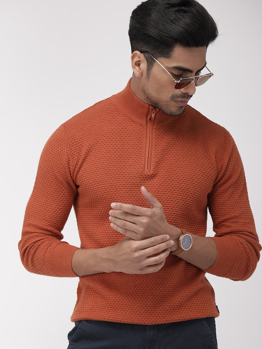 Buy Indian Terrain Men Rust Brown Self Design Pullover Sweater ...