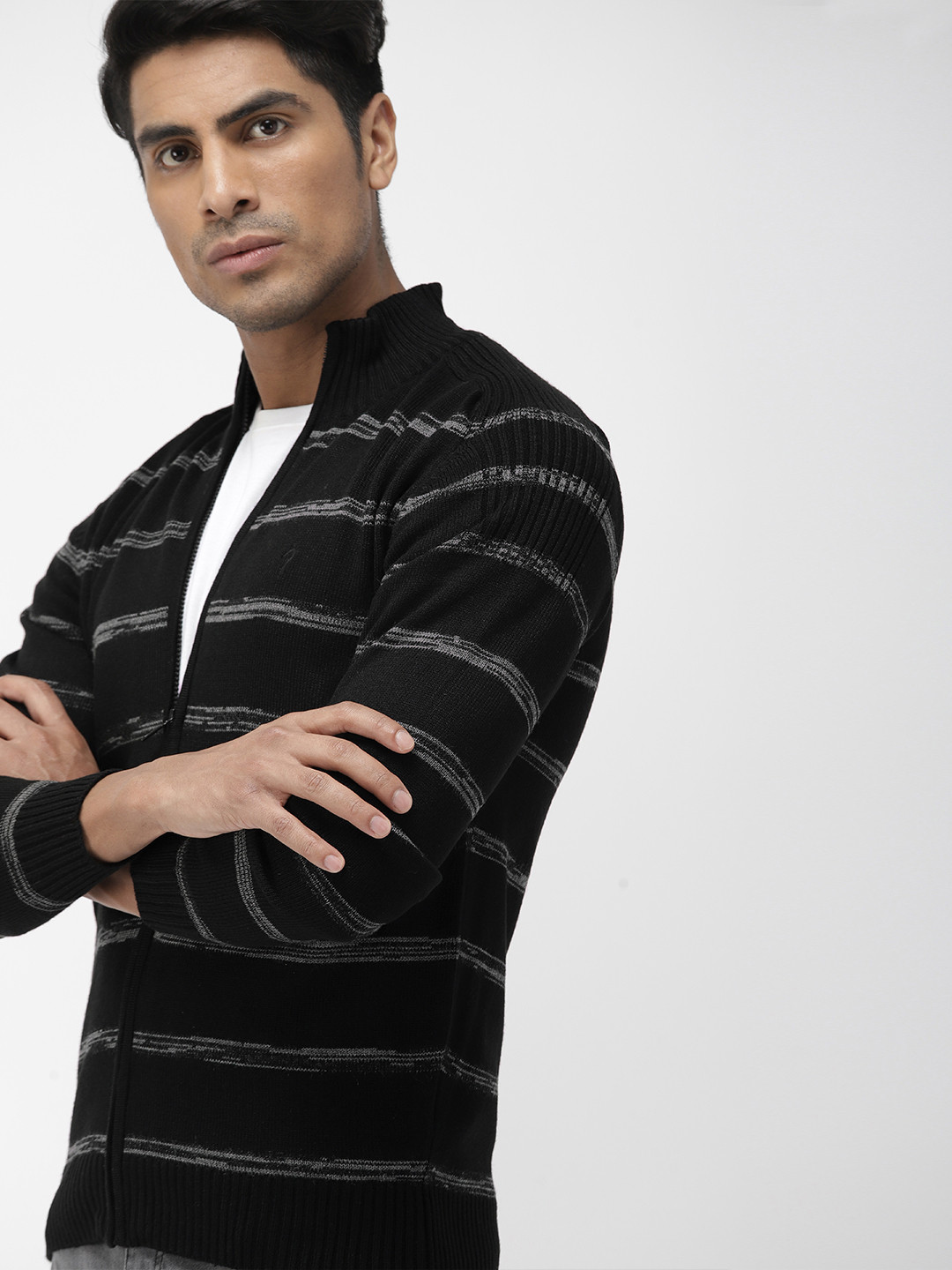 Buy Indian Terrain Men Black & Grey Striped Sweater - Sweaters for Men ...