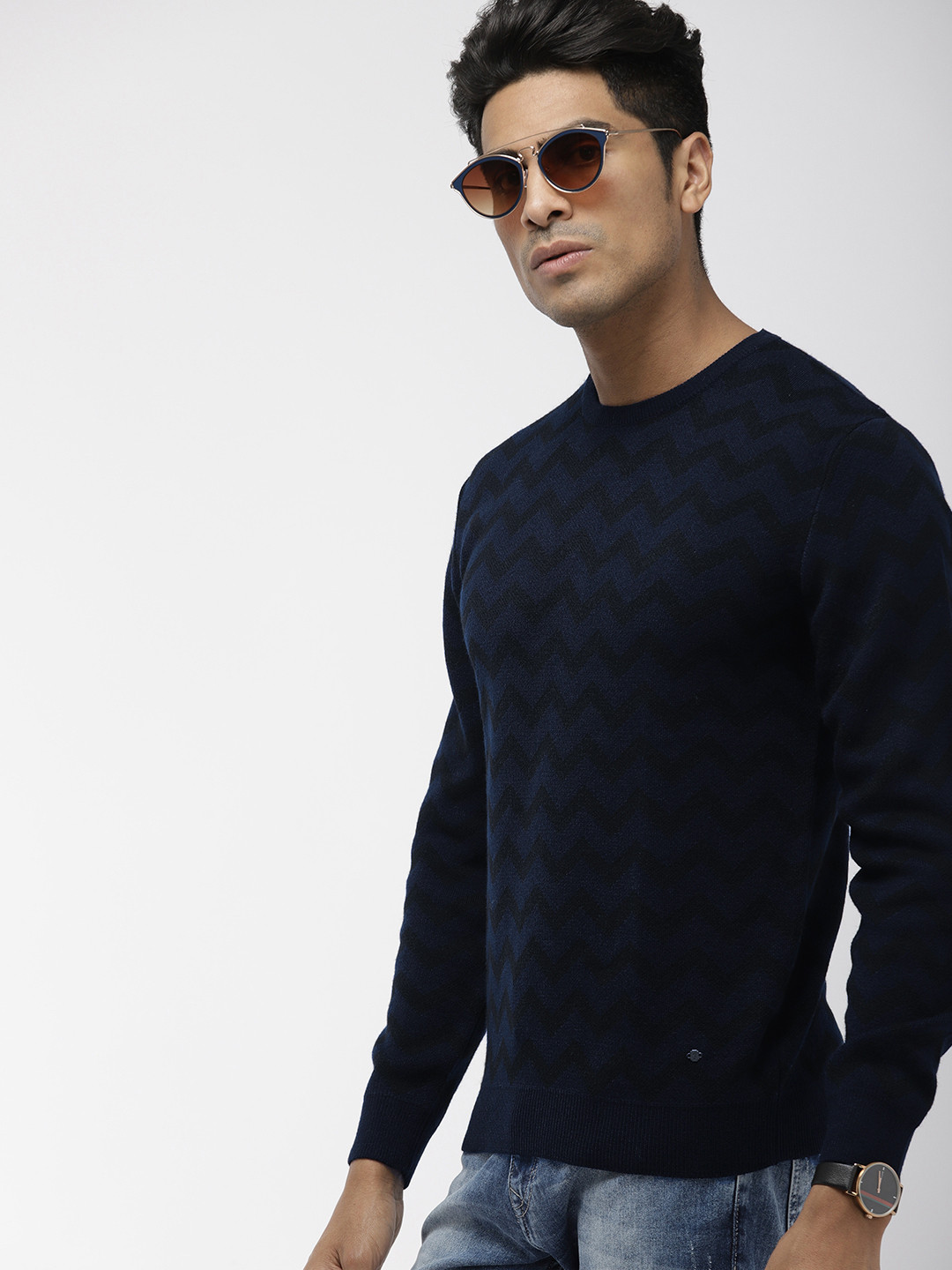 Buy Indian Terrain Men Navy Blue & Black Self Design Sweater - Sweaters ...
