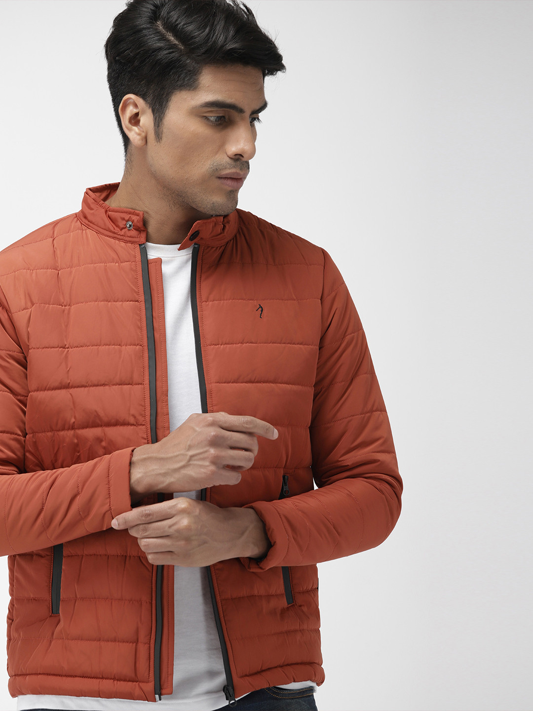 Buy Indian Terrain Men Orange Solid Padded Jacket - Jackets for Men ...
