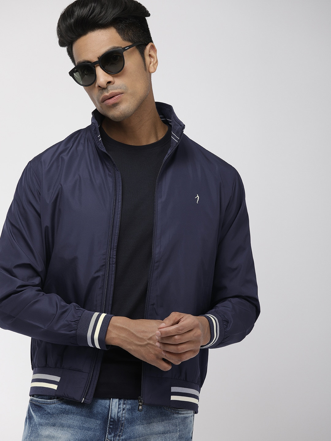 Buy Indian Terrain Men Navy Blue Solid Bomber Jacket - Jackets for Men ...
