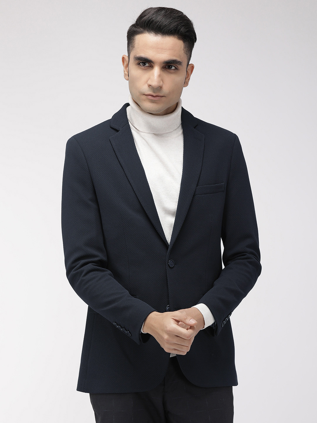 Buy Indian Terrain Men Navy Blue Self Checked Regular Fit Single ...