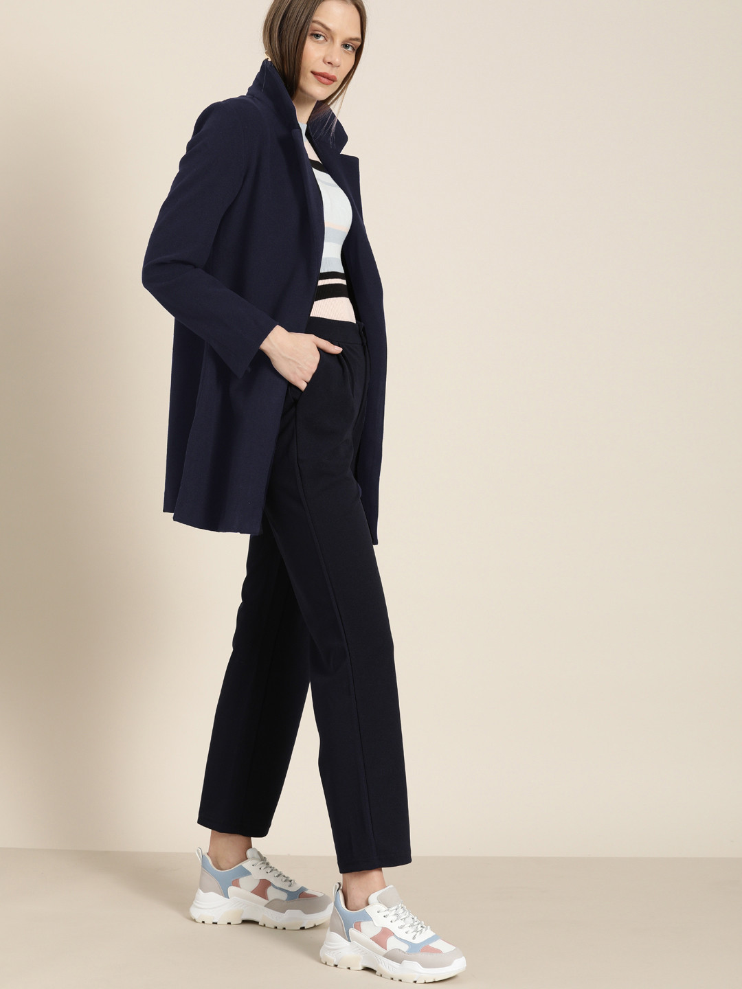 Buy Her By Invictus Women Navy Blue Solid Longline Overcoat - Coats for ...