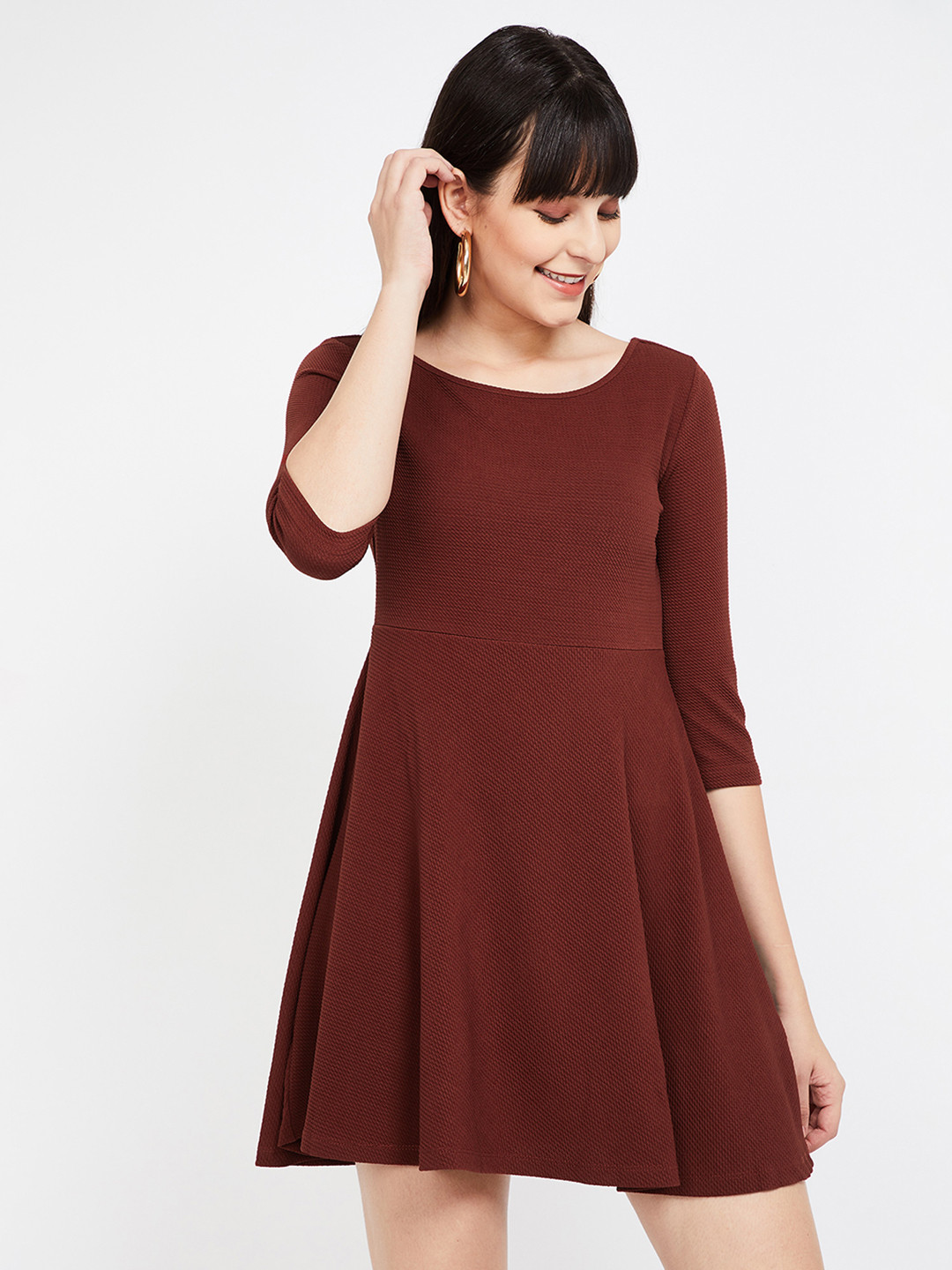 Buy Ginger By Lifestyle Women Self Design Brown Fit And Flare Dress ...