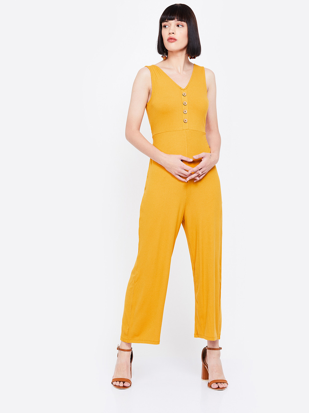 Buy Ginger By Lifestyle Women Mustard Yellow Solid Basic Jumpsuit ...